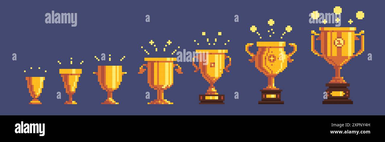 Pixel golden trophy. Cartoon retro 8 bit award with gold coins for game ...