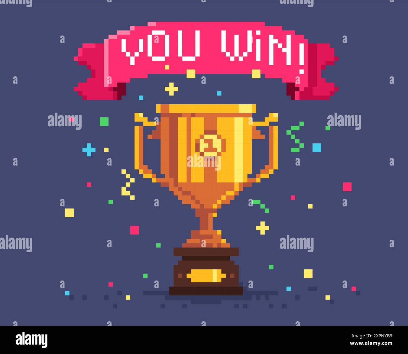 Pixel winner cup background. Cartoon retro gold metal trophy with red ...