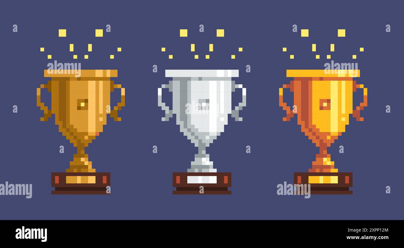 Pixel golden silver bronze cup. Retro video game golden award and ...