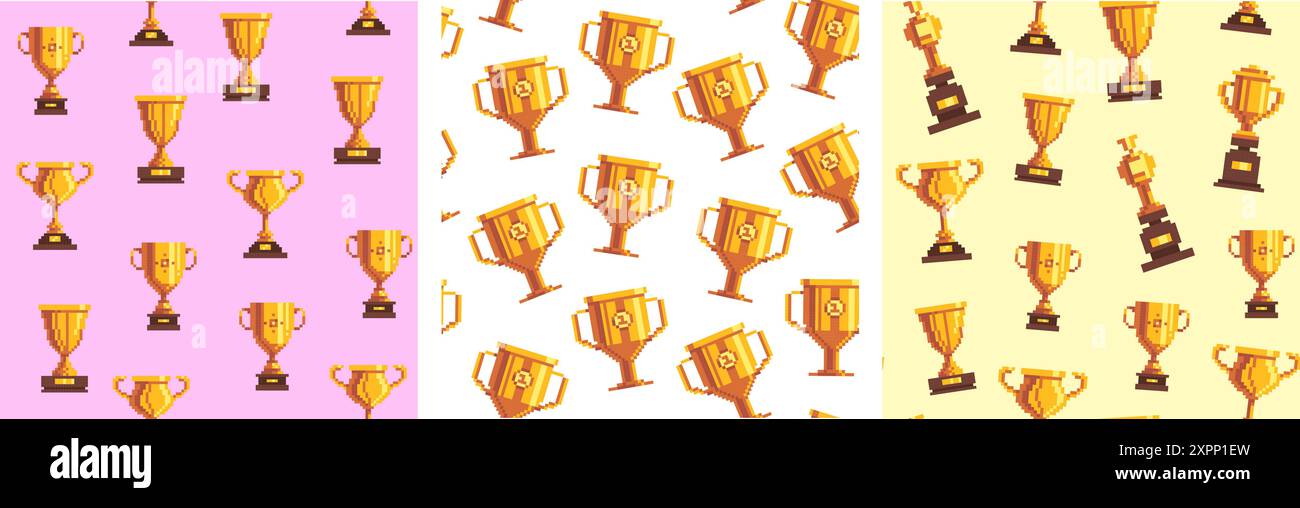 8 bit winner cup pattern. Retro seamless pixel game background with ...