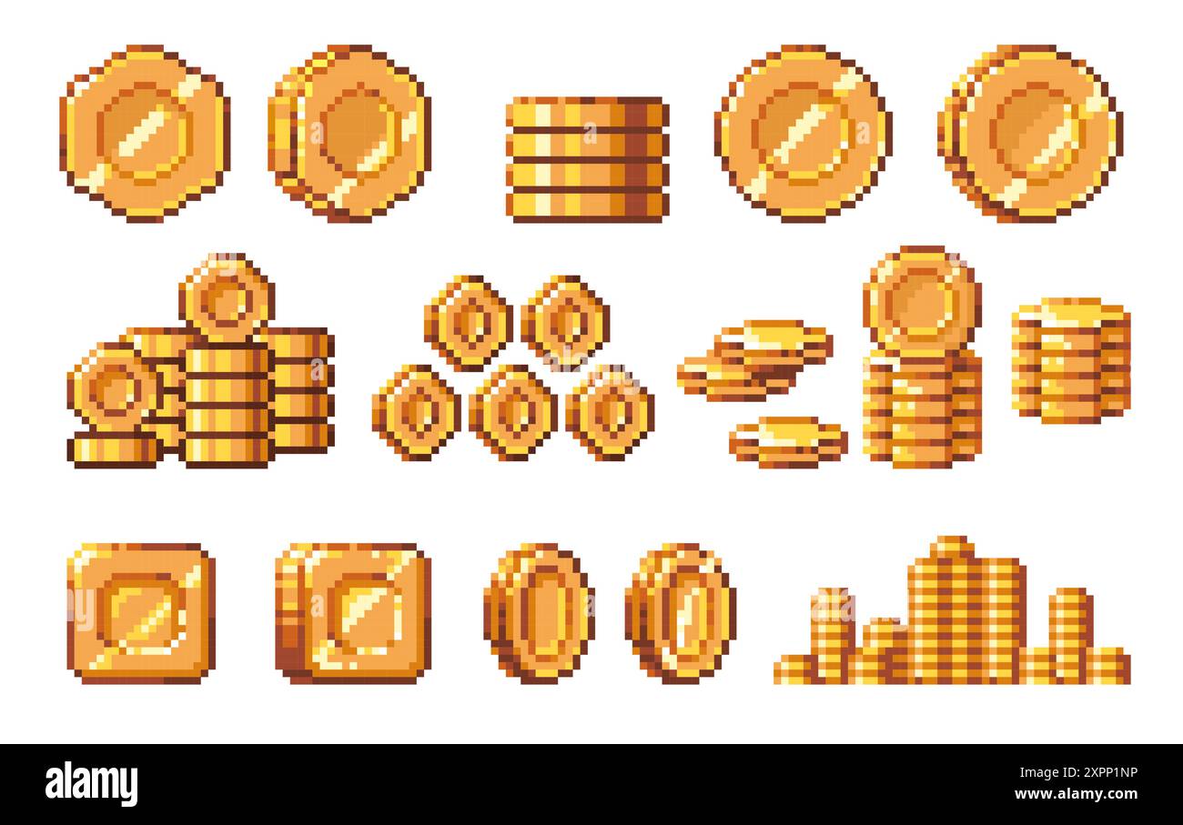 Golden coin pixel art. Round shiny vintage metal money, retro 8 bit ...