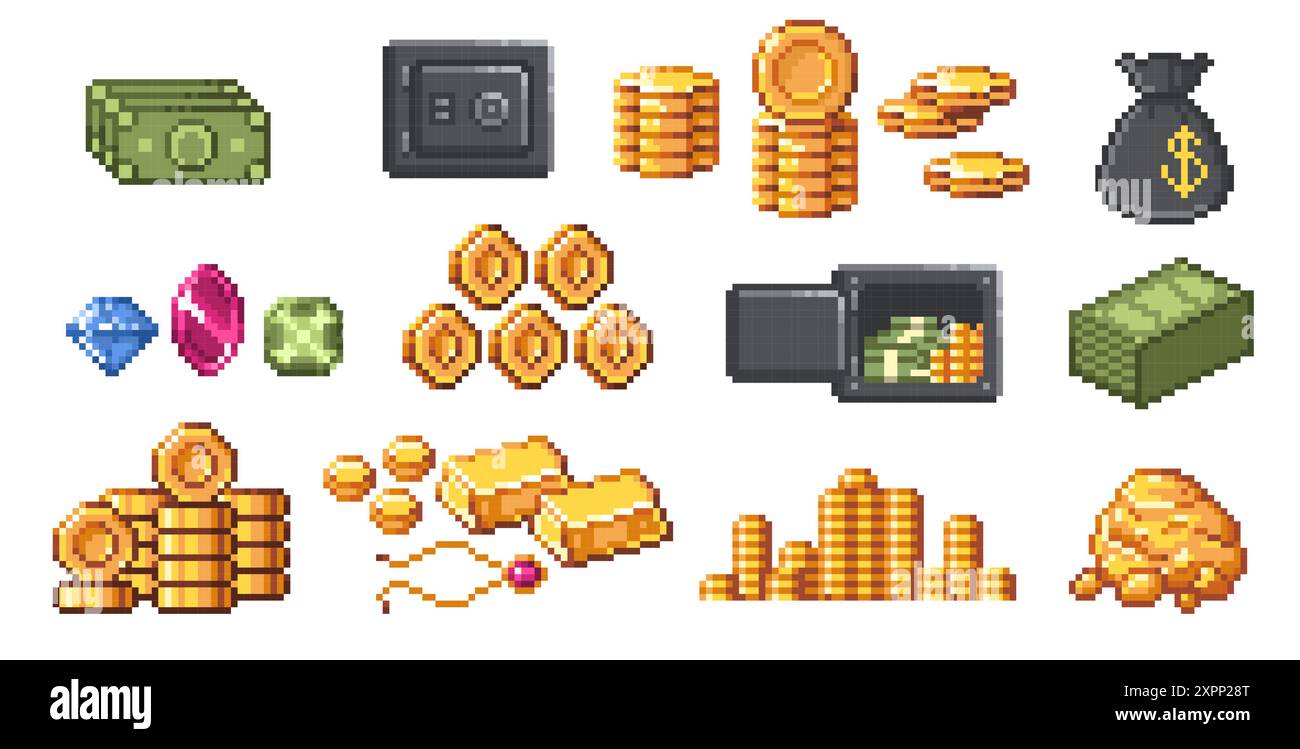 Pixel money. Retro 8 bit game currency, gold coins and banknotes, safe ...