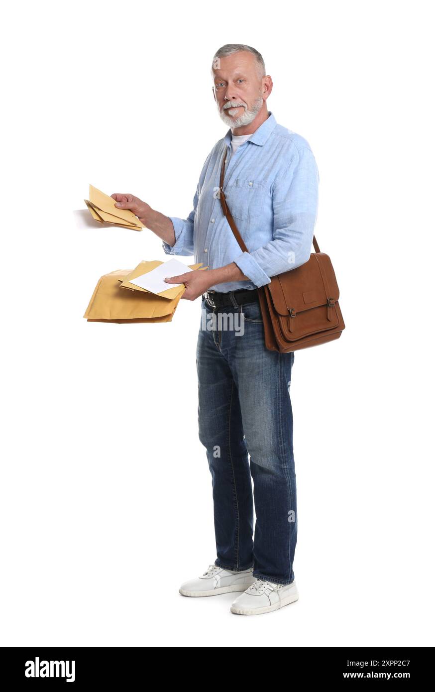 Postman with brown bag delivering letters on white background Stock ...