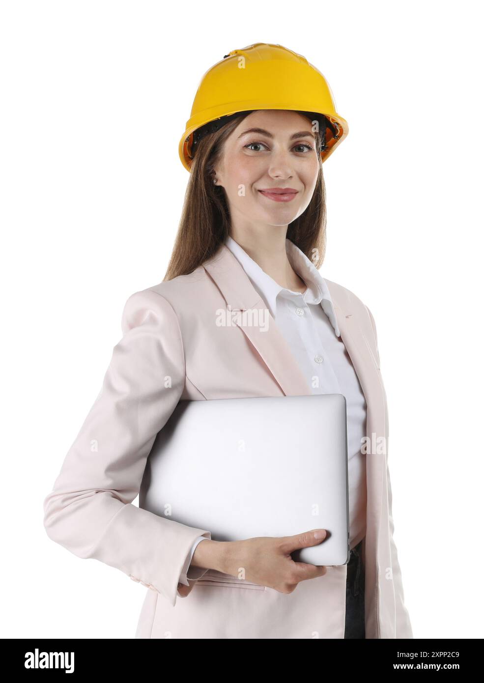 Engineer in hard hat with laptop on white background Stock Photo - Alamy