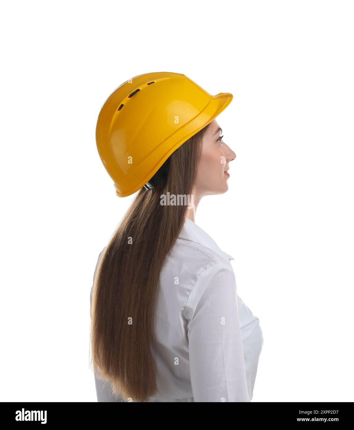 Engineer in hard hat on white background Stock Photo - Alamy