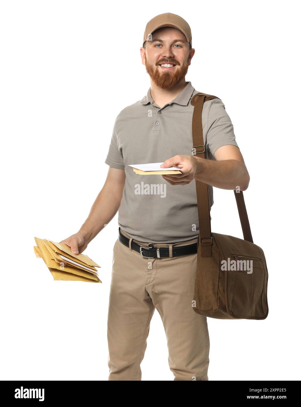Happy young postman with brown bag delivering letters on white ...