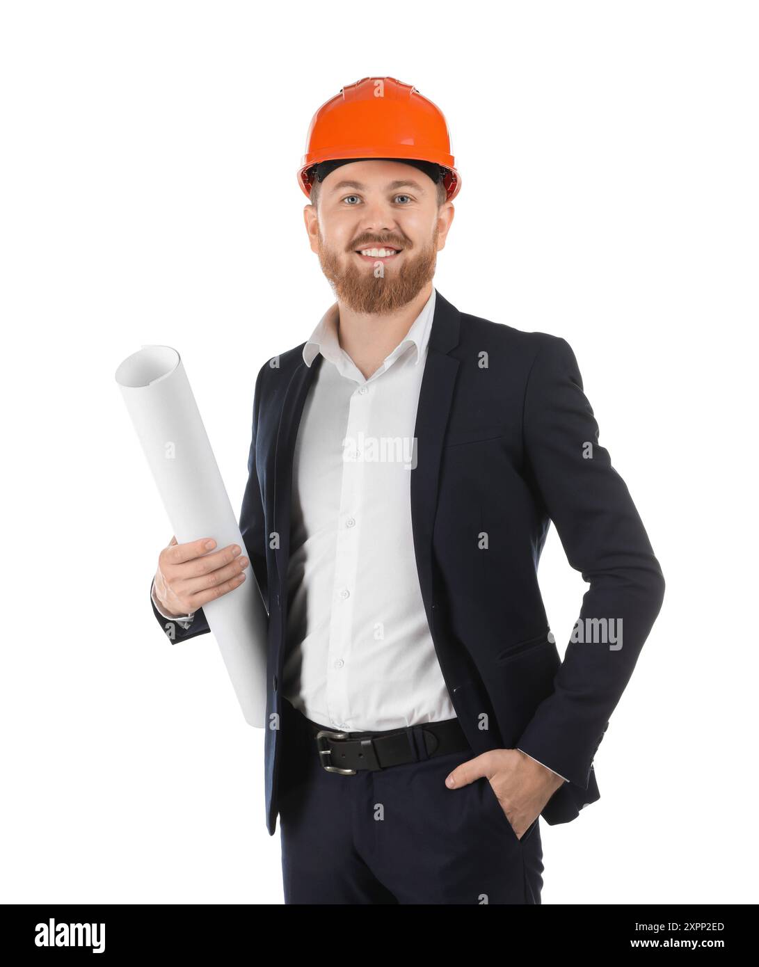 Engineer in hard hat with draft on white background Stock Photo - Alamy
