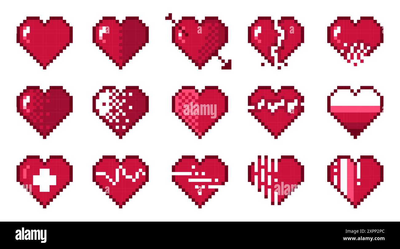 Pixel hearts. Retro 8 bit abstract love symbols, pixelated romance and ...