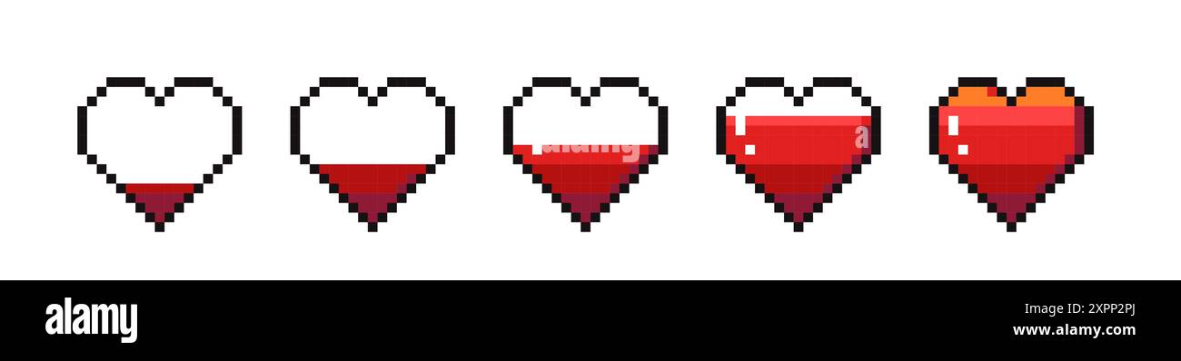 Pixel life bar heart icons. Retro video game health bar energy meter ...
