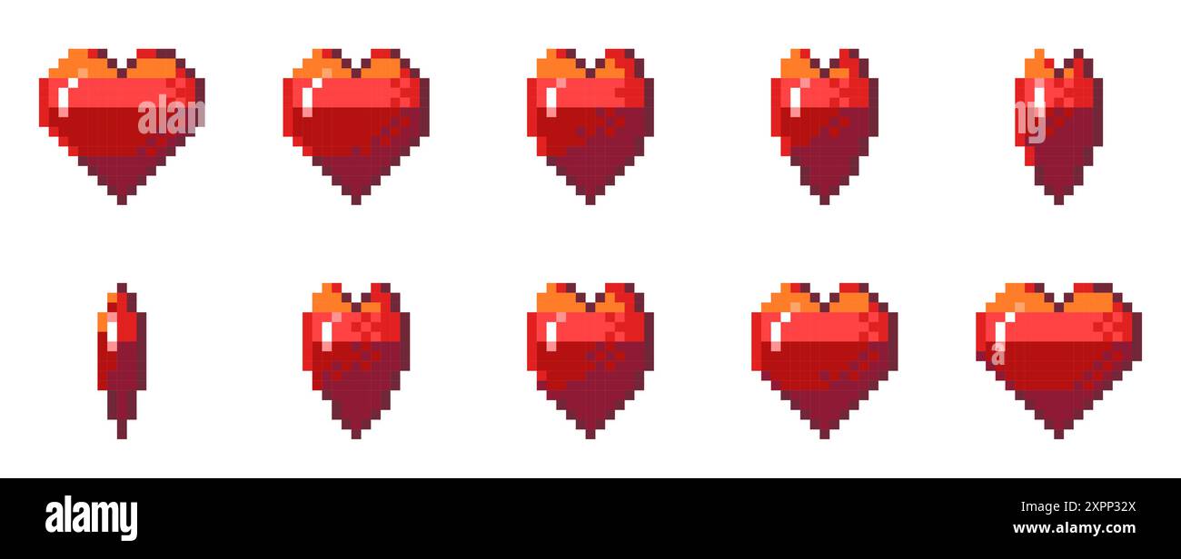 Pixel heart animation. Retro 8 bit game sprite with life bonus and red ...