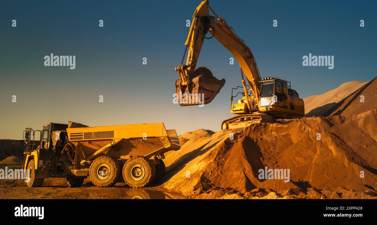 Construction Site On Sunny Evening: Industrial Excavator Loading Sand ...