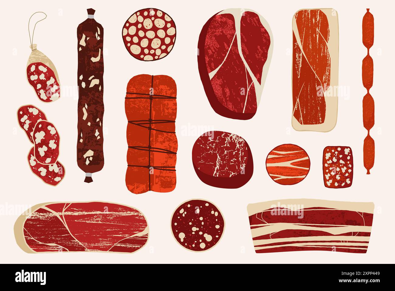 Cartoon meat products. Doodle bbq pork beef poultry salami frankfurters ...