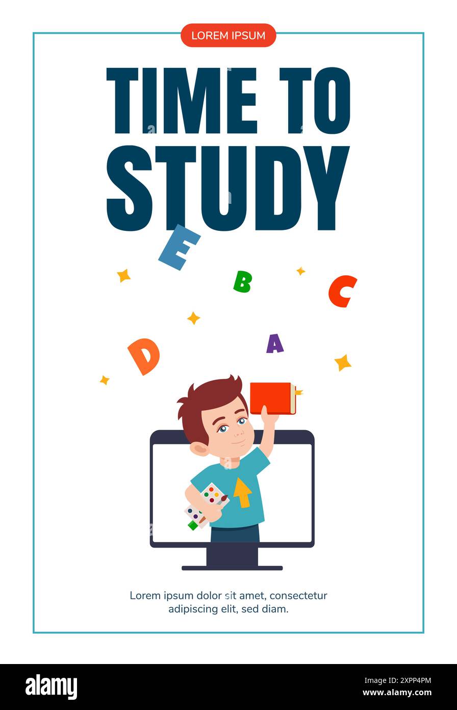 Happy Little boy with book Surrounded with letters on computer monitor ...