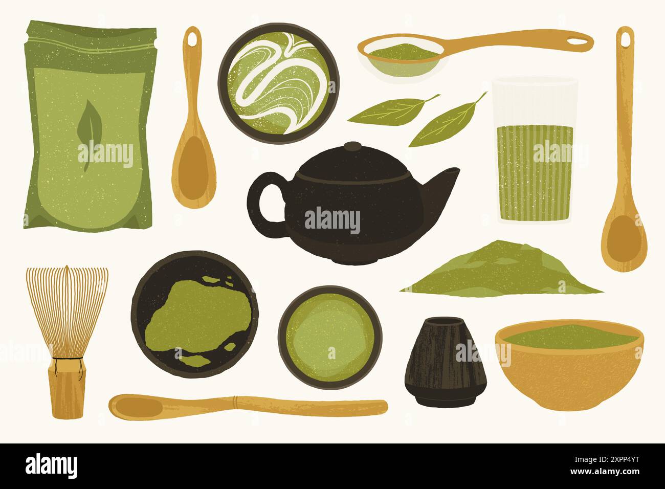 Cartoon matcha. Green tea powder in ceramic bowl, traditional japanese ...