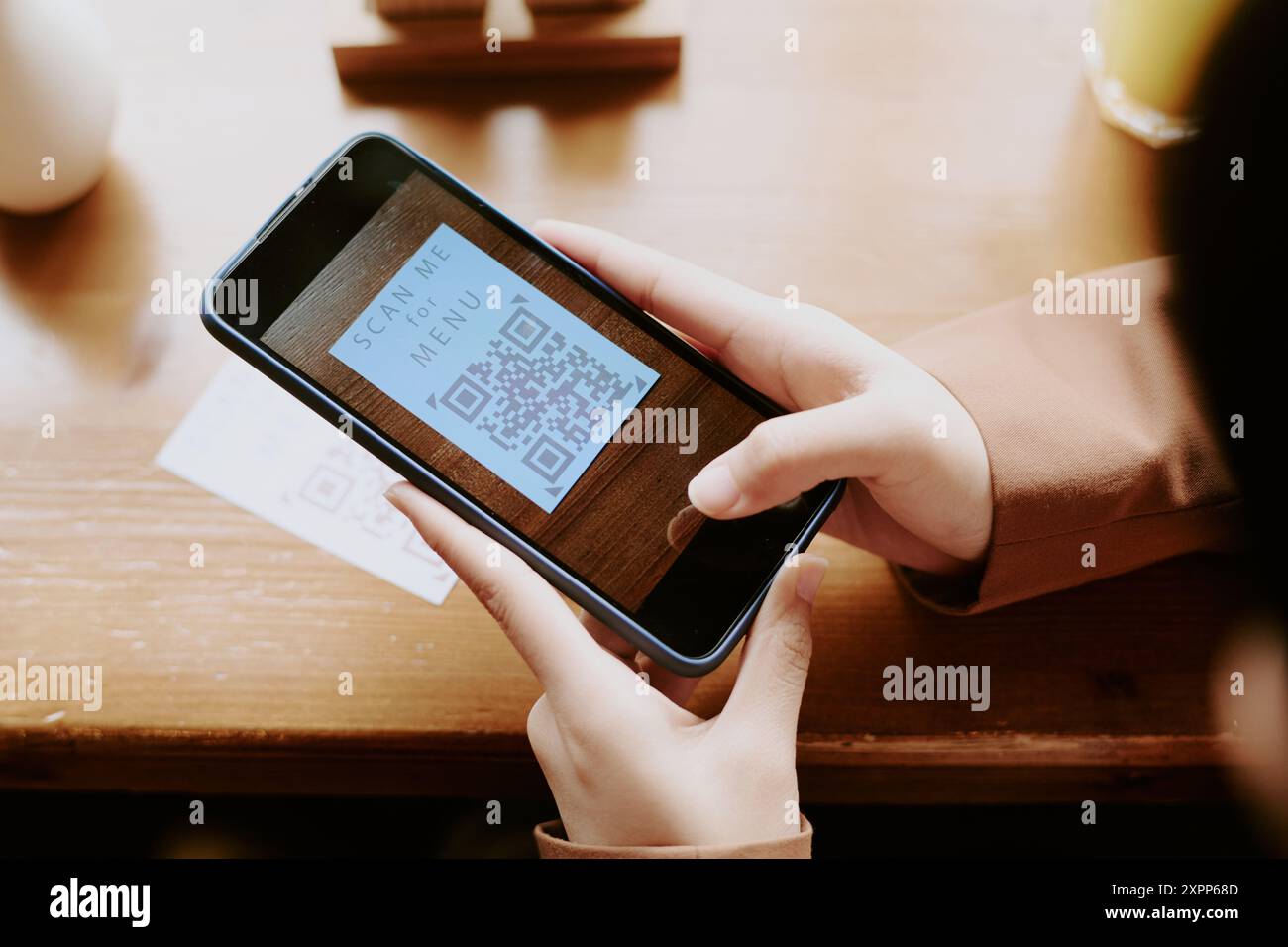 Scanning QR Code for Digital Menu at Restaurant Table Stock Photo - Alamy
