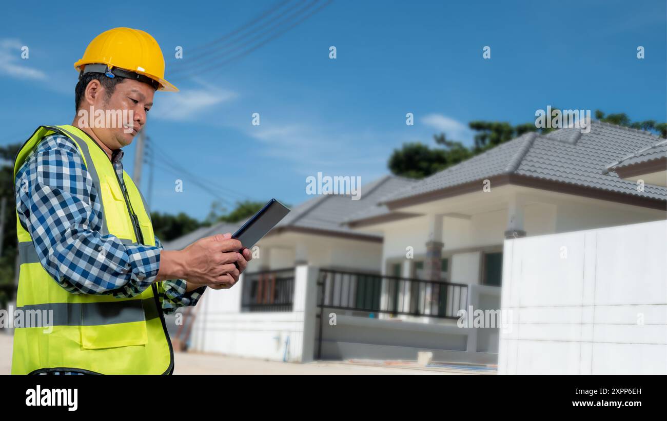 Engineer architect with protective helmet working at house building on construction site ...