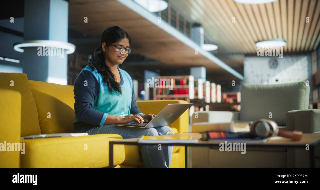 Smart Indian Female Student in Glasses Working on Software Development ...
