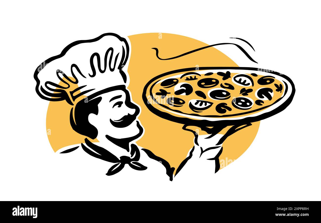 Chef cook holding pizza. Emblem or logo design. Vector illustration for ...