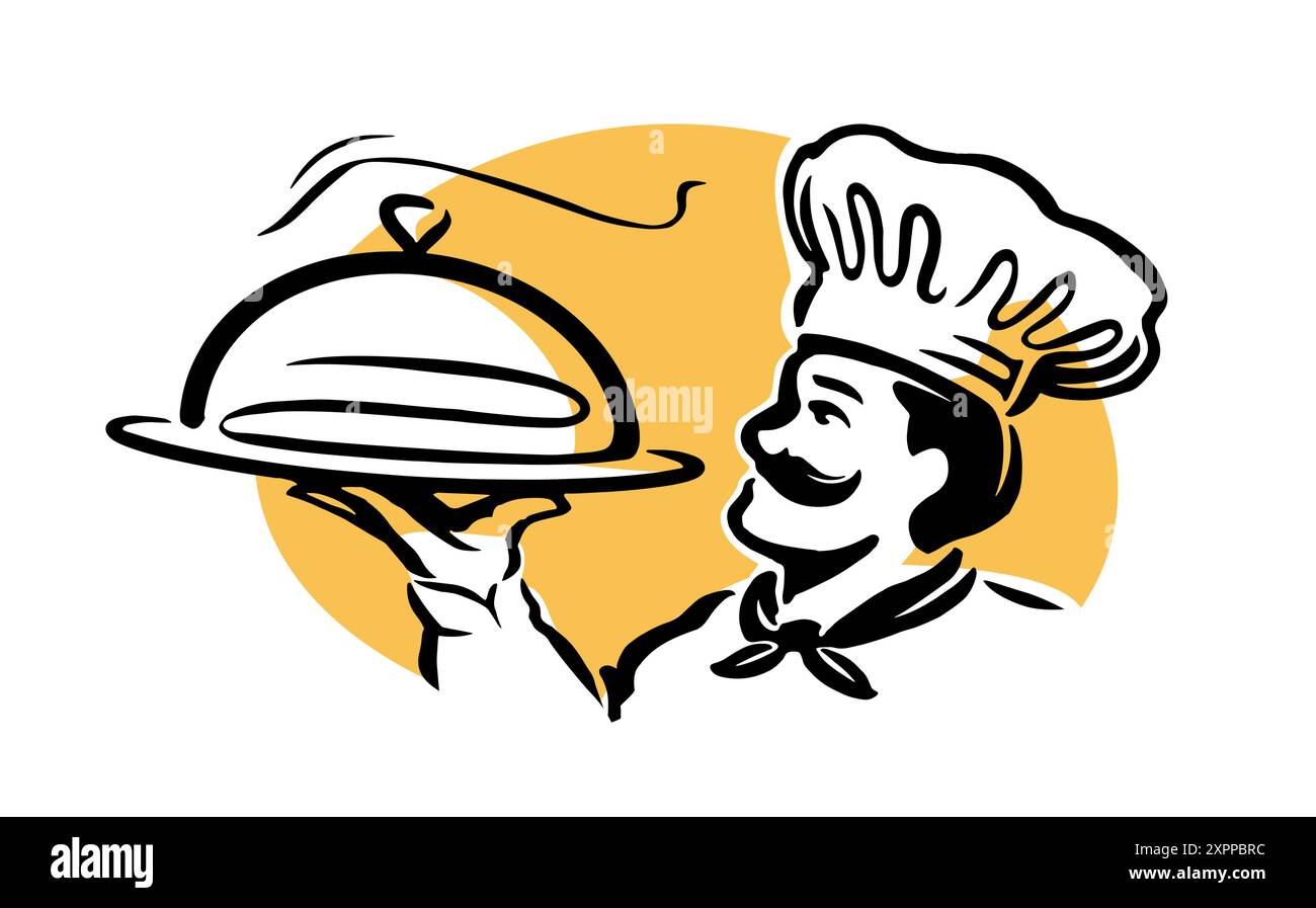 Chef cook holding tray cloche. Emblem or logo design. Vector ...