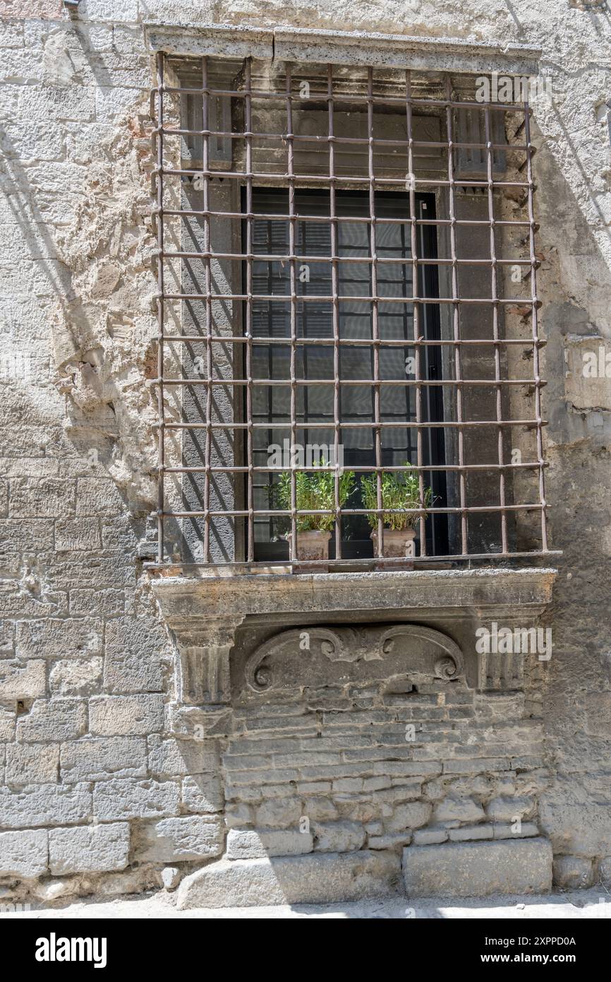 detail of grating on window of monumental facade of historical building ...
