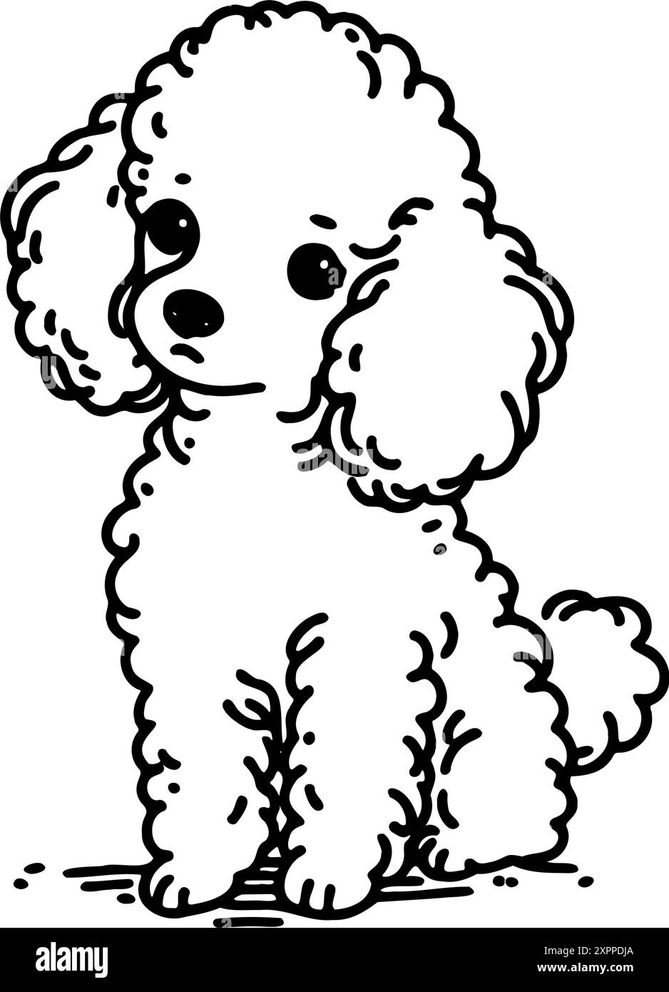 A cute poodle is sitting on the ground. The dog has a sad expression on ...