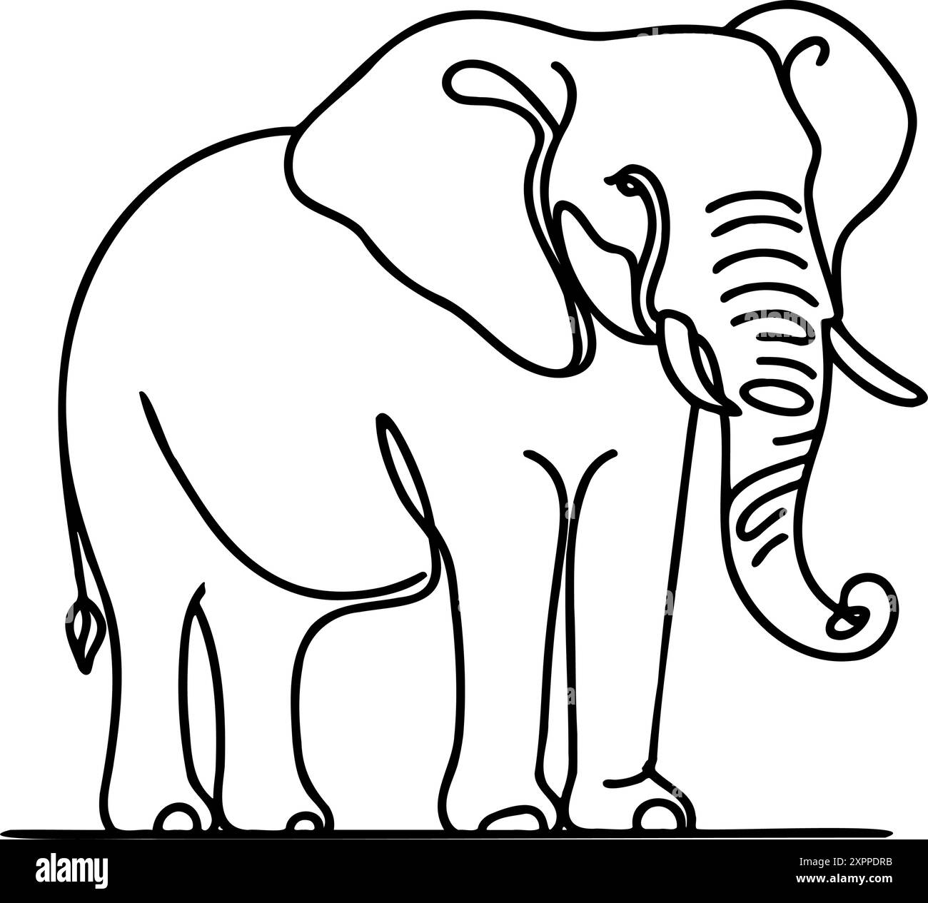 A black and white drawing of an elephant. The elephant is standing with ...