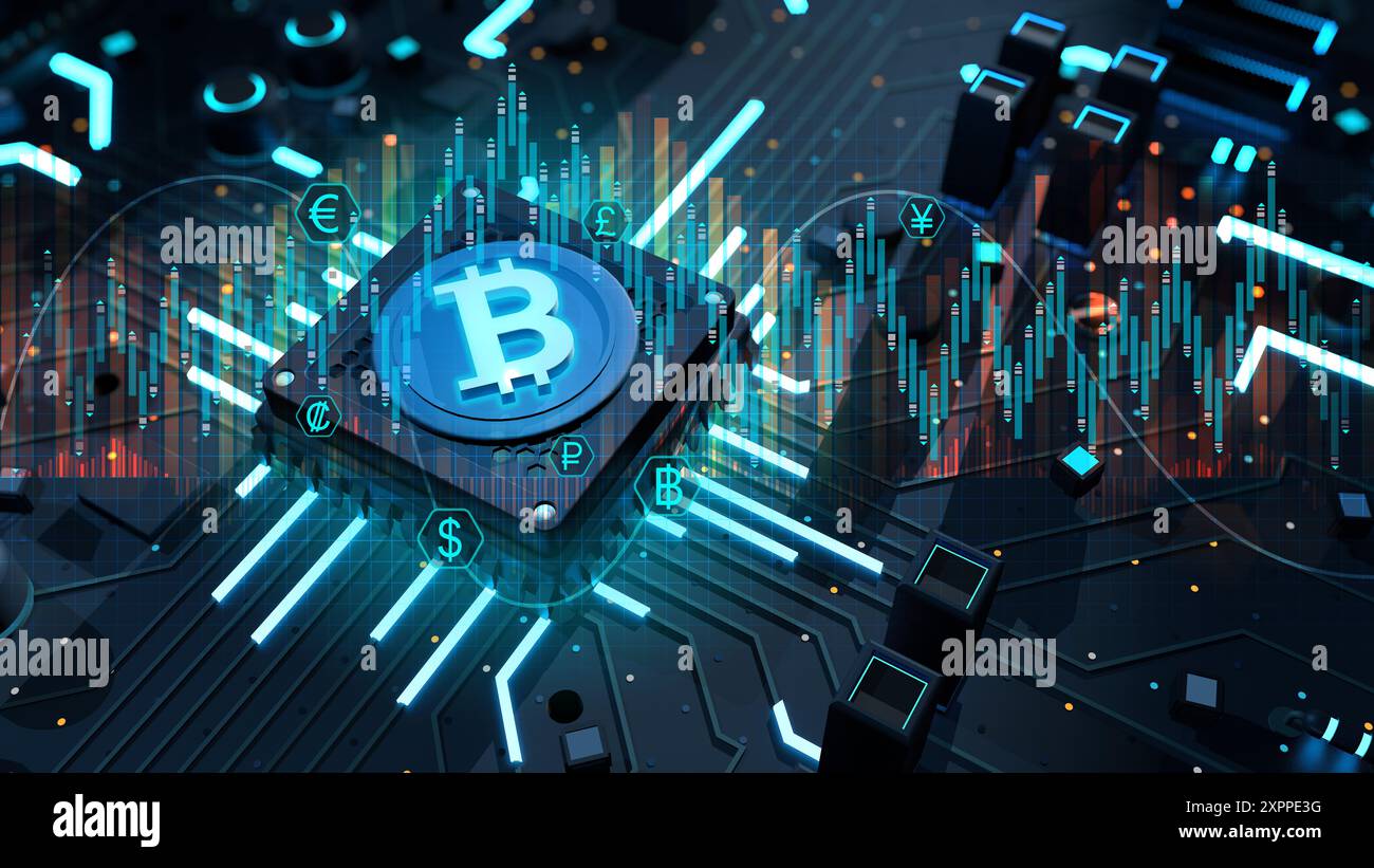 Close view of Bitcoin icon with blue light on microchip surrounded with ...