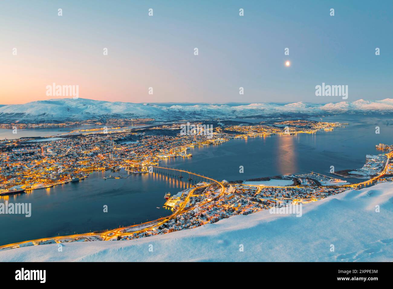 Norway- Troms og Finnmark- Tromso- long exposure of illuminated city ...