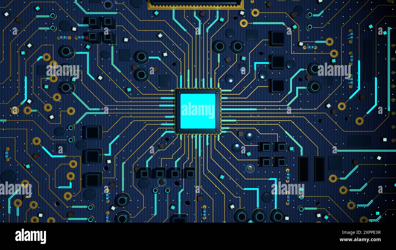 Top view of complex motherboard with microchip in the center with blue ...