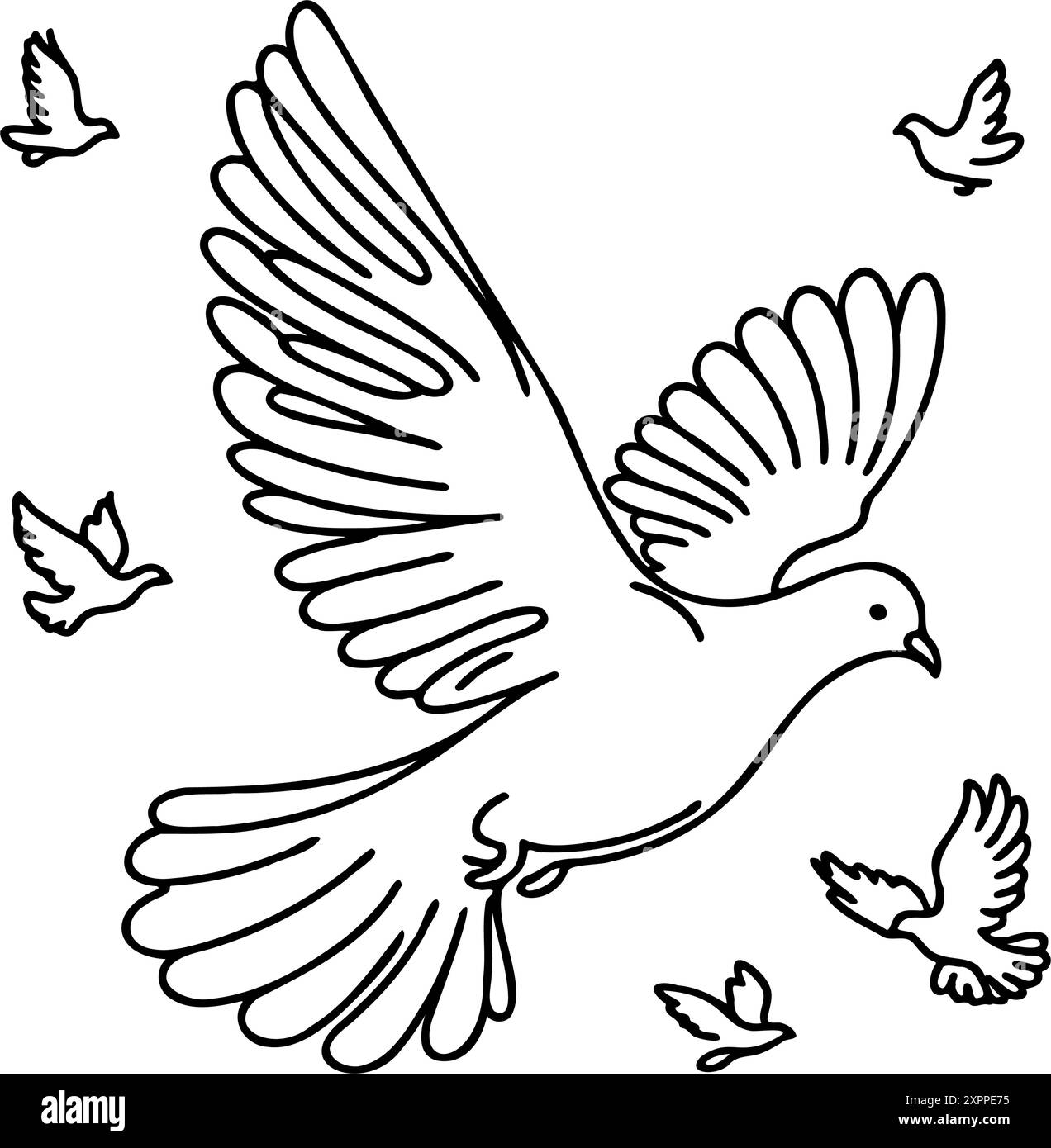 A white bird with black wings flies over a group of other birds ...