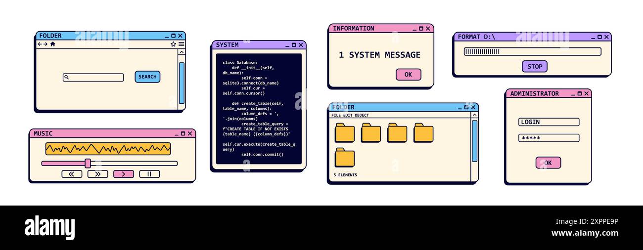 Set of nostalgic window with folders. Retro user interface for music ...