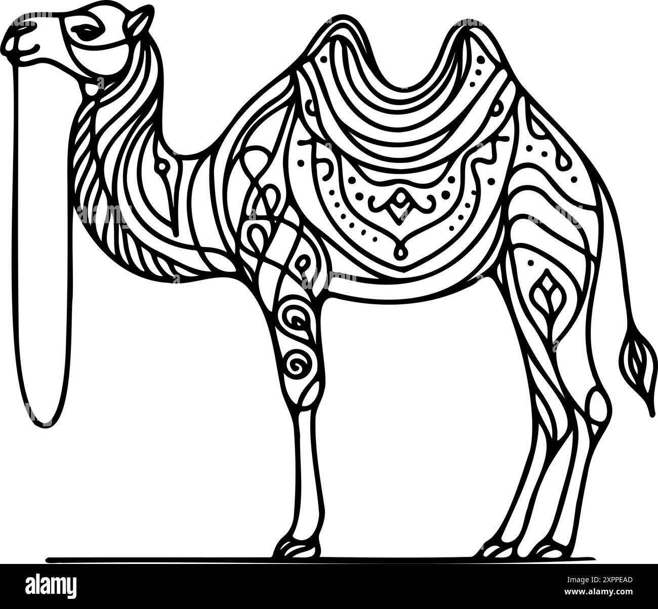 A camel with a long neck and a long tail. The camel is standing on a ...