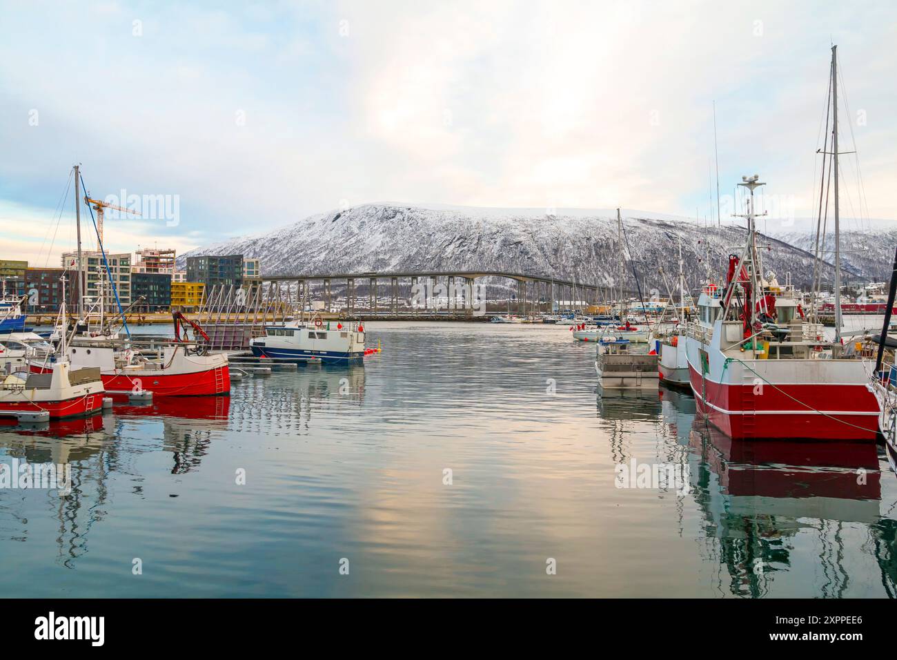 View of a marina and harbor in Tromso, North Norway. Tromso is ...