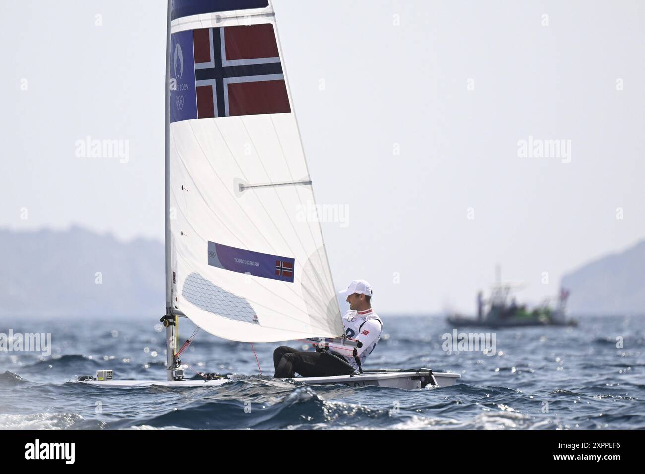Paris, France. 07th Aug, 2024. Hermann Tomasgaard of Norway during men's dinghy medal race of ...