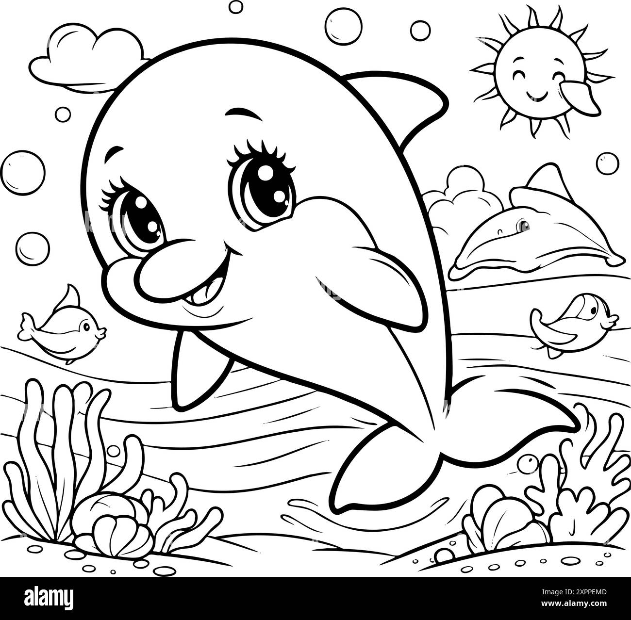 A cartoon dolphin is swimming in ocean with other sea creatures ...