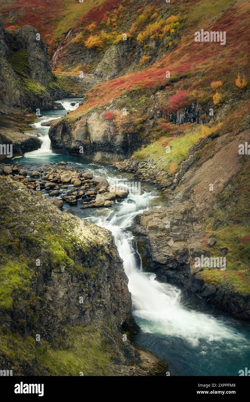 Small river in a gorge surrounded by beautiful autumn colors, in ...