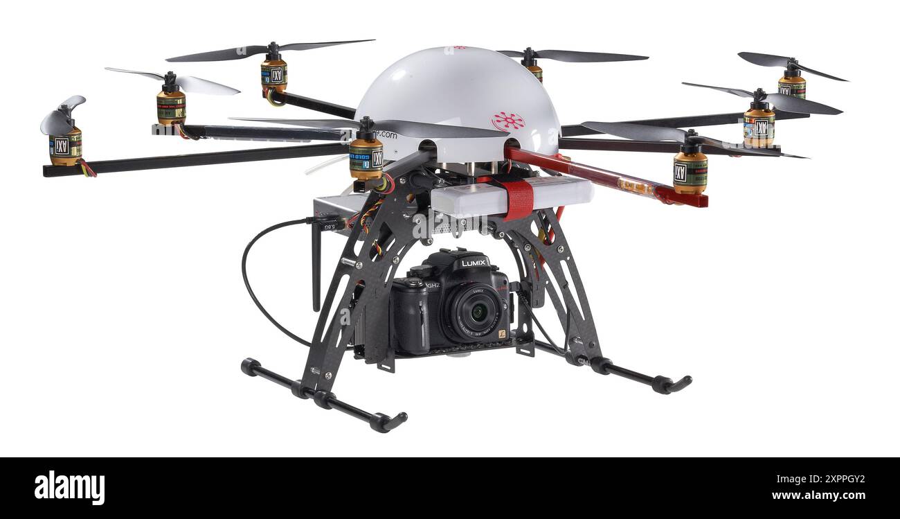 Vintage Octocopter Camera-Drone with Gimbal flying, 2011 Stock Photo ...