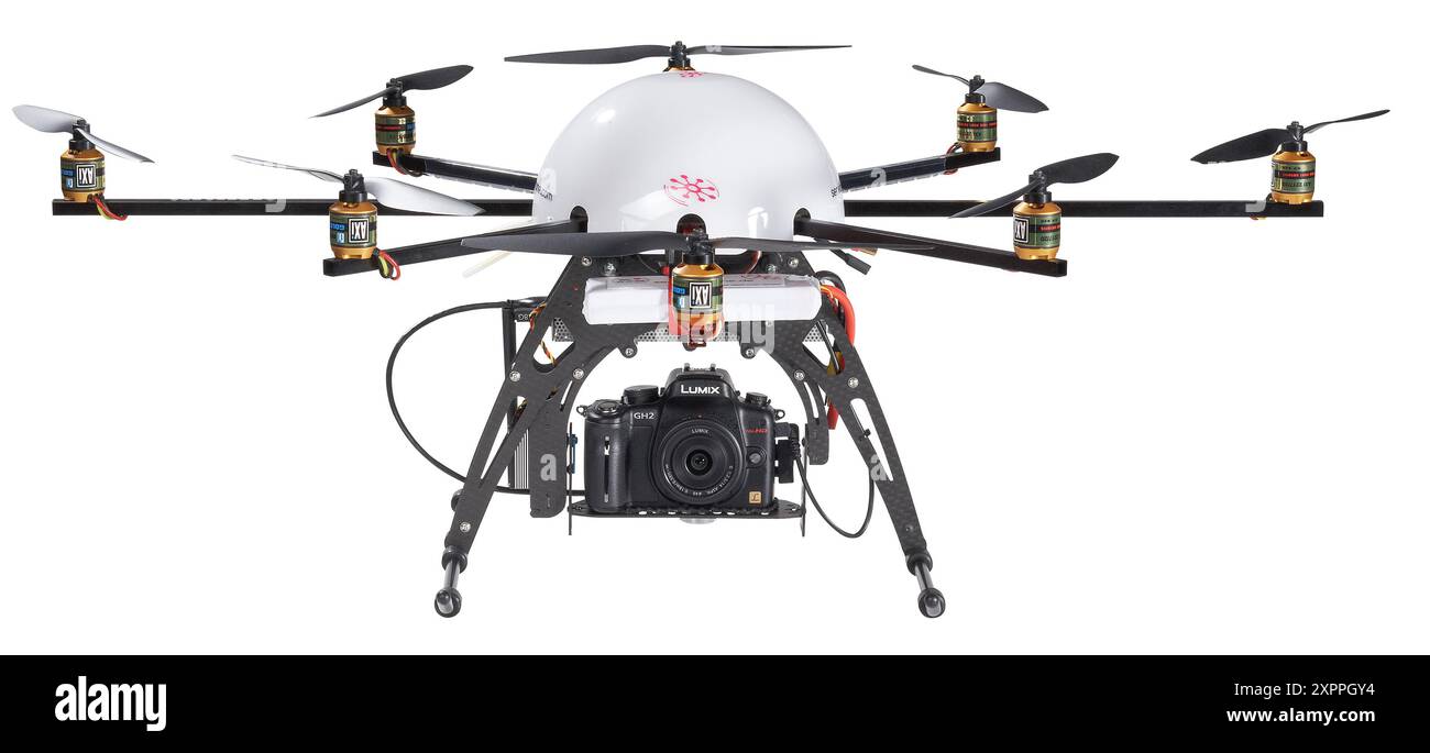 Vintage Octocopter Camera-Drone with Gimbal flying, 2011 Stock Photo ...