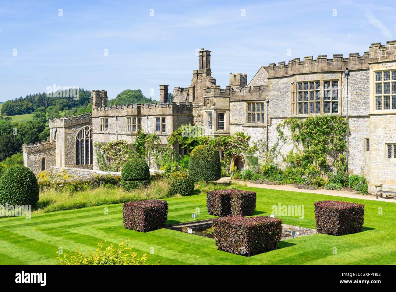 Haddon Hall Derbyshire - Haddon Hall gardens and rear view of the manor house near Bakewell ...