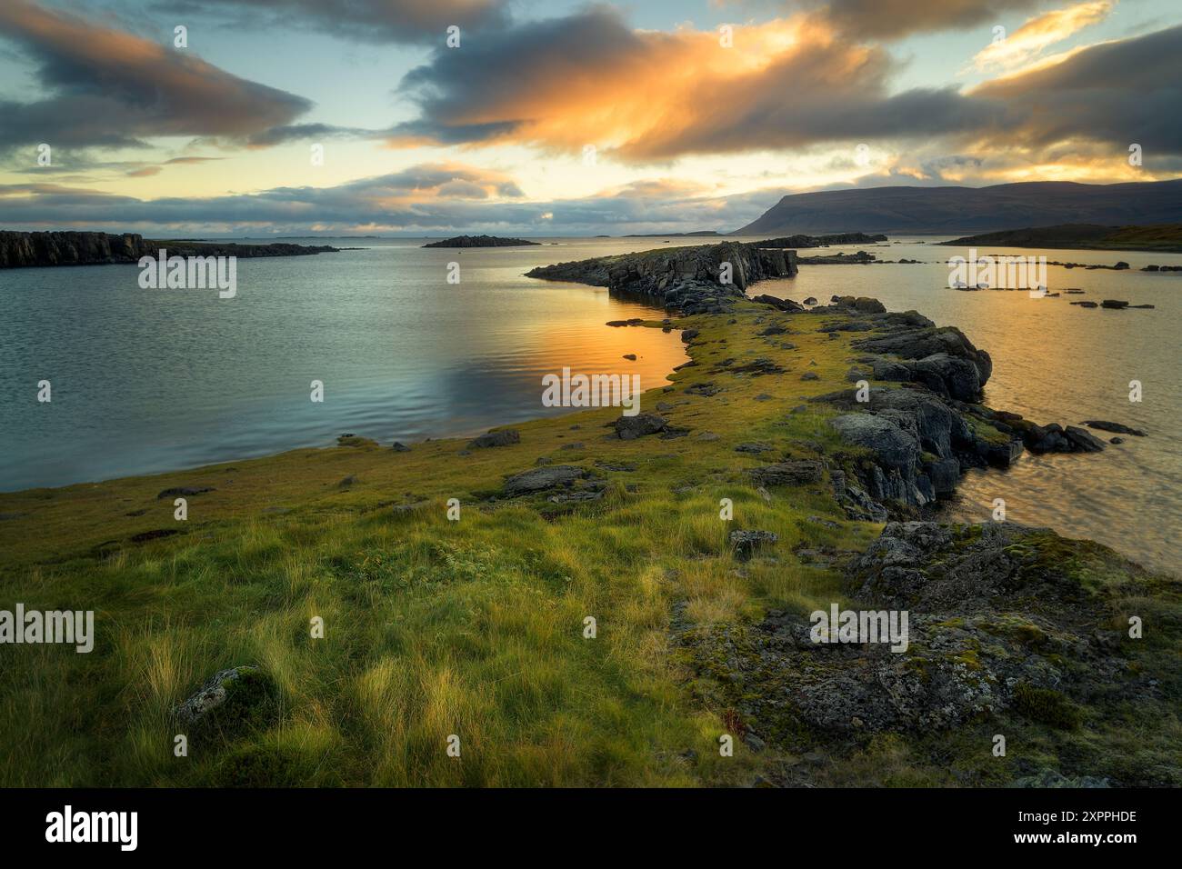 View of the Atlantic Ocean on a small fjord in Westfjords of Iceland ...