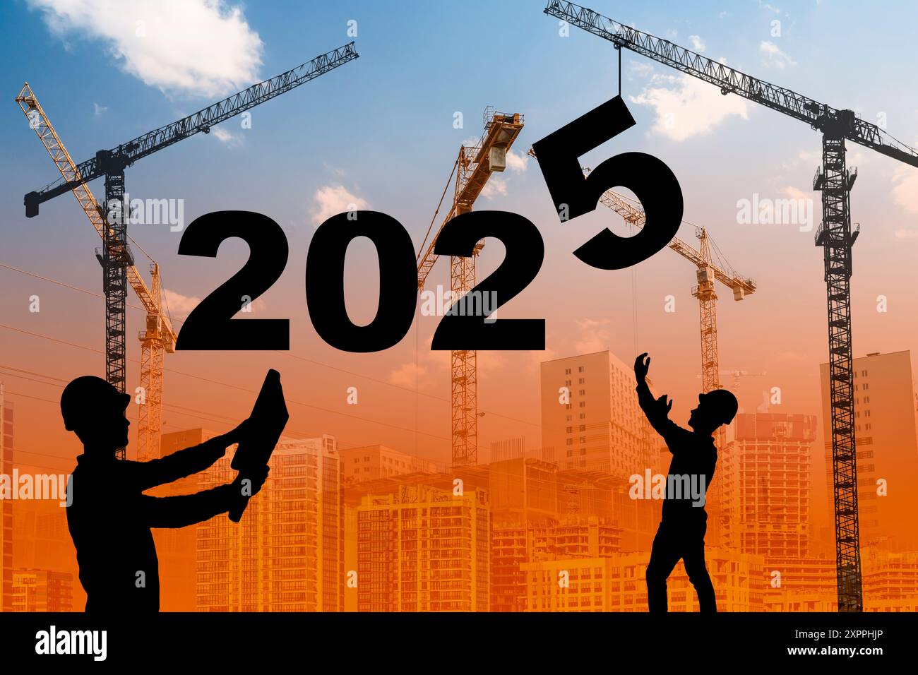 2025 year concept. Construction worker and crane on the backdrop of ...