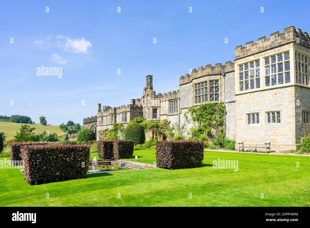Haddon Hall Derbyshire - Haddon Hall gardens and rear view of the manor house near Bakewell ...