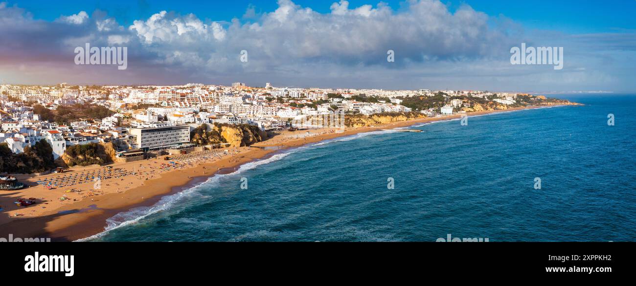 Aerial view of seaside Albufeira with wide beach and white architecture ...