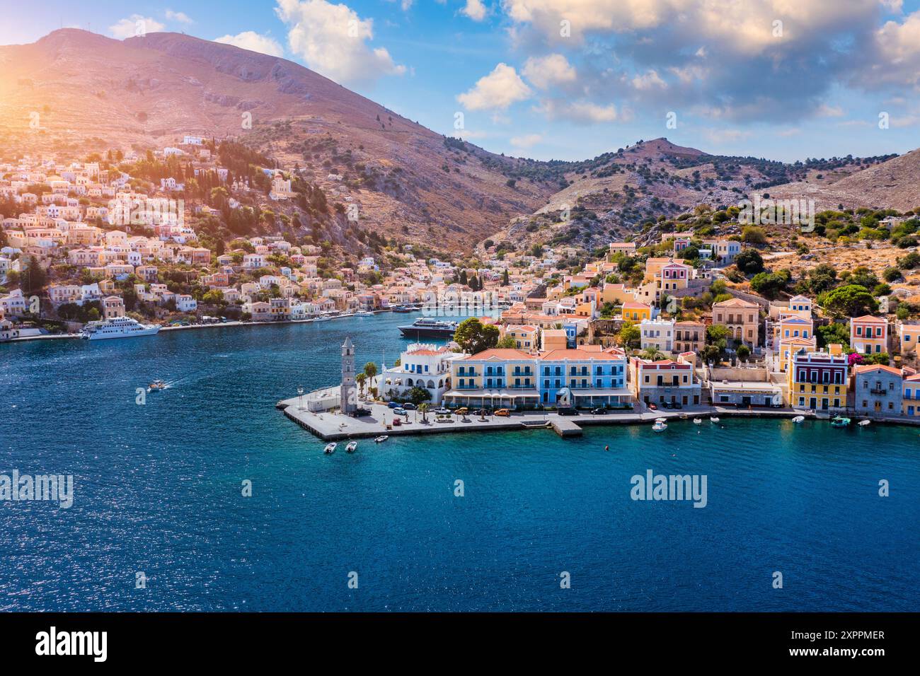 Aerial view of the beautiful greek island of Symi (Simi) with colourful ...