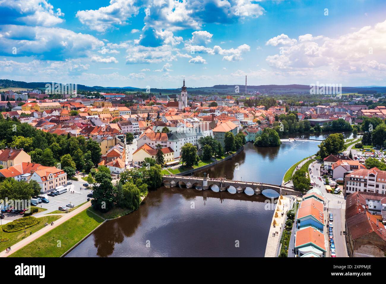 Medieval Town Pisek and historic stone bridge over river Otava in the ...