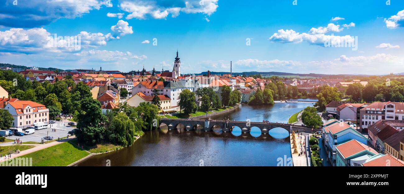Medieval Town Pisek and historic stone bridge over river Otava in the ...