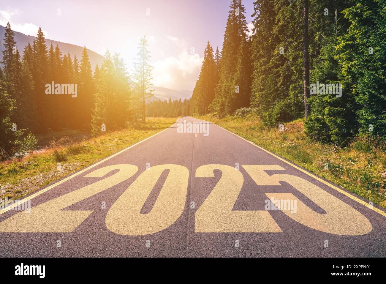 Empty asphalt road and New year 2025 concept. Driving on an empty road ...