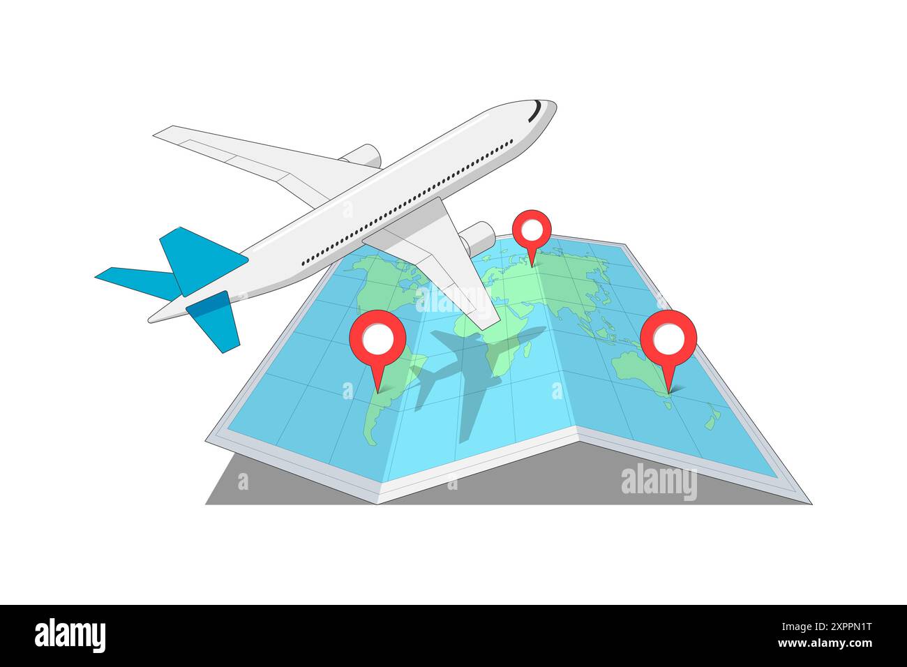 Passenger plane flying from one location to another destination pin ...