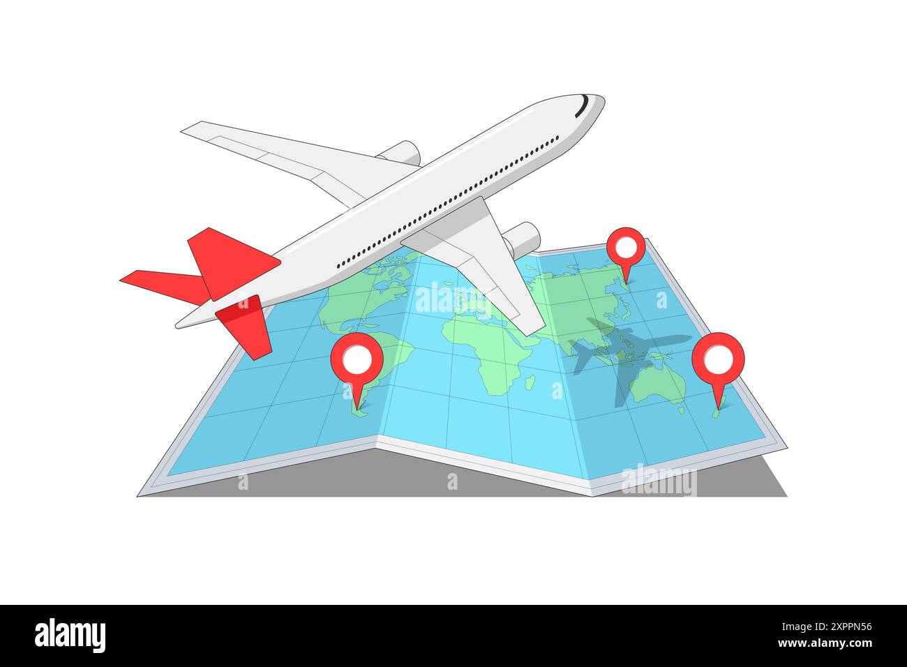 Passenger plane flying from one location to another destination pin ...