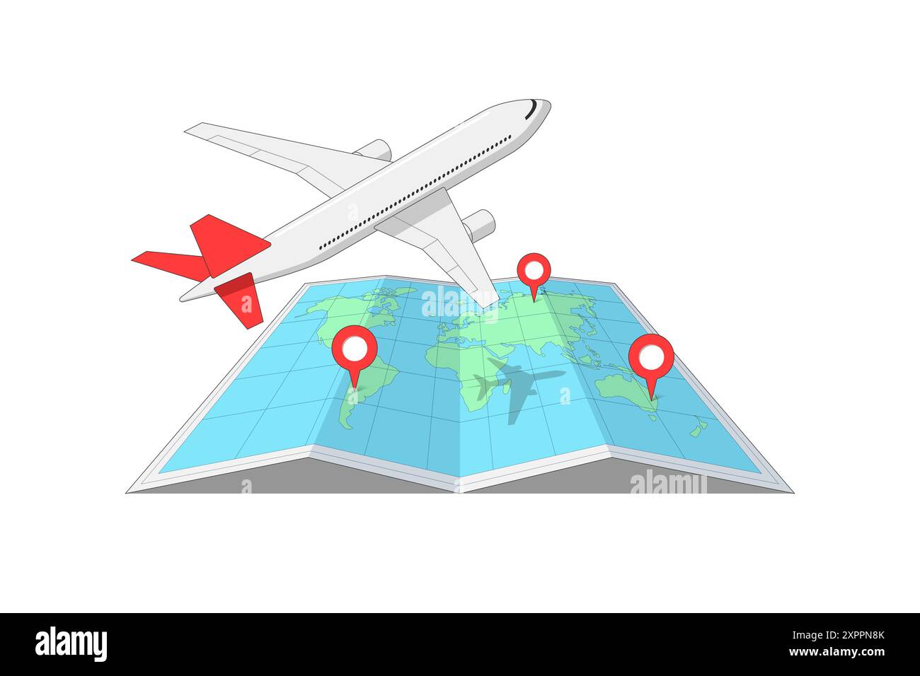 Passenger plane flying from one location to another destination pin ...